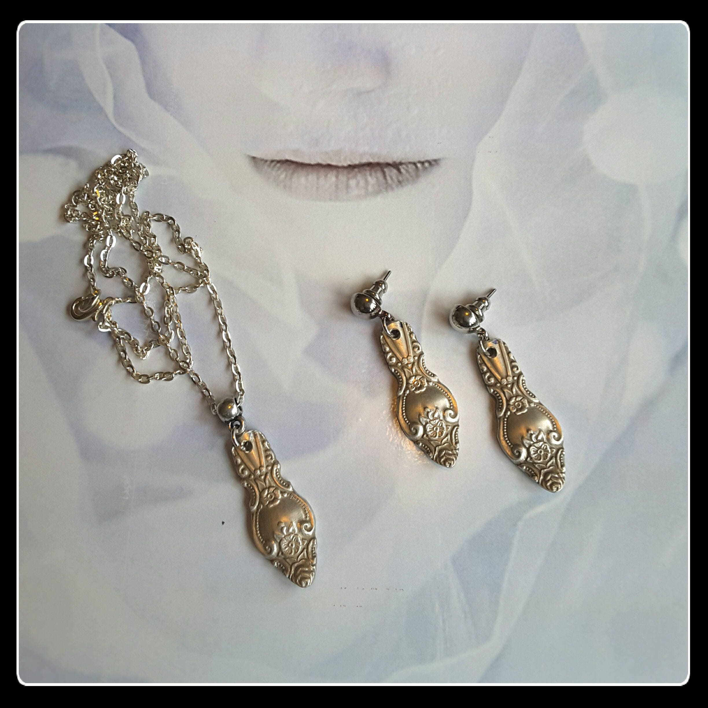 Handmade silver spoon pendant and stud dangle earrings | Etsy