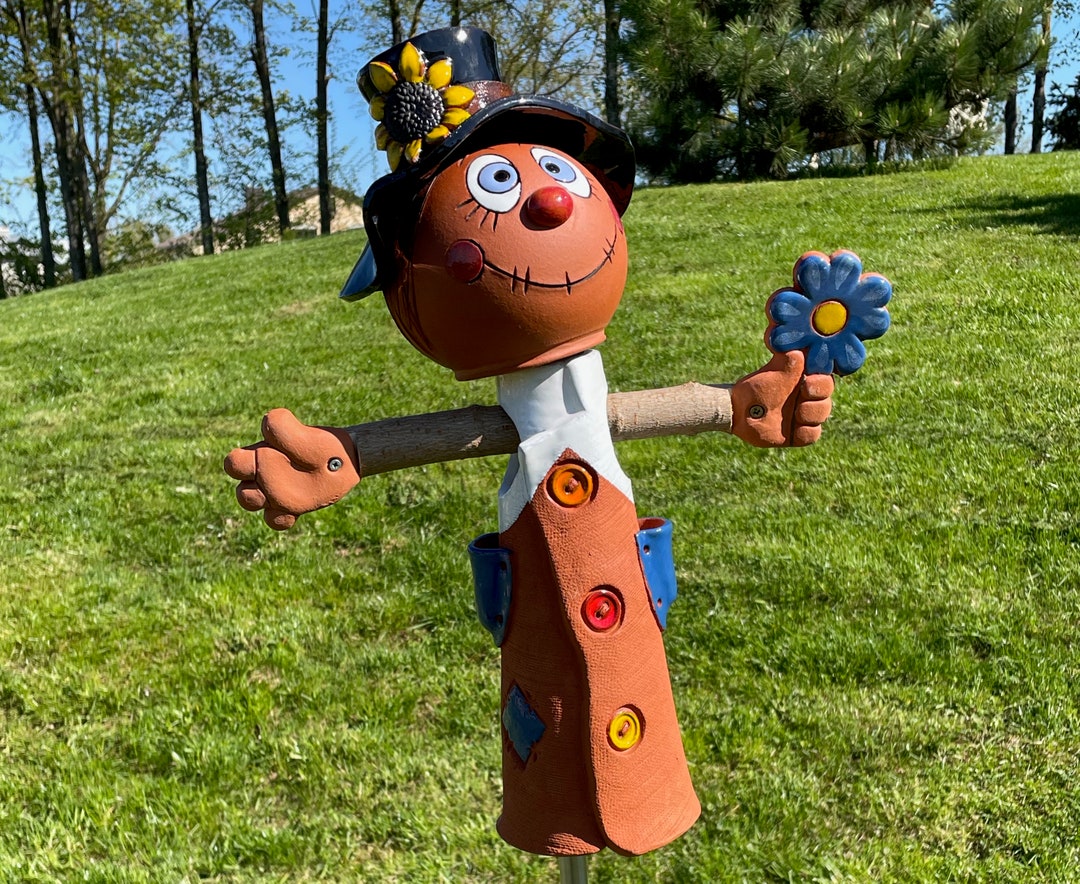 Handmade Ceramic Scarecrow Boy Garden Stake - Lawn and Yard Art ...