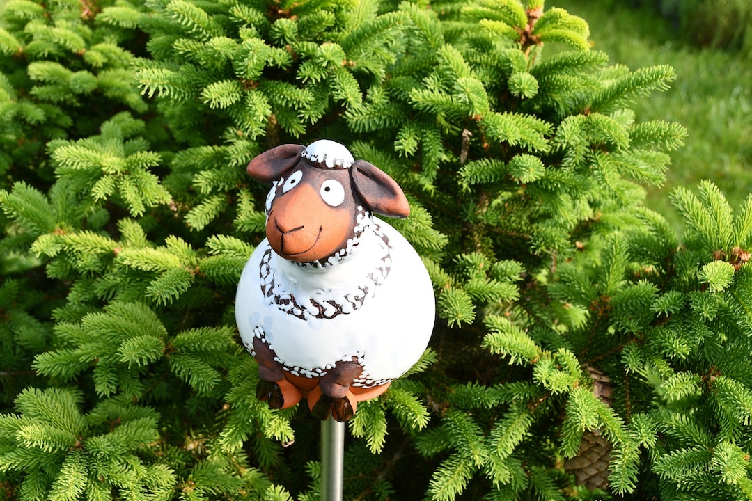 White Sheep Ceramic Garden Decor Garden Stake Frostproof Handmade Hand ...