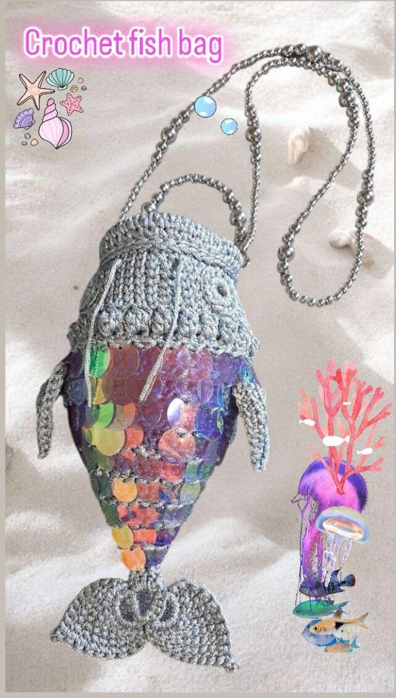 Luxurious Small Crochet Silver Fish Bag, With Bright Colorful ...