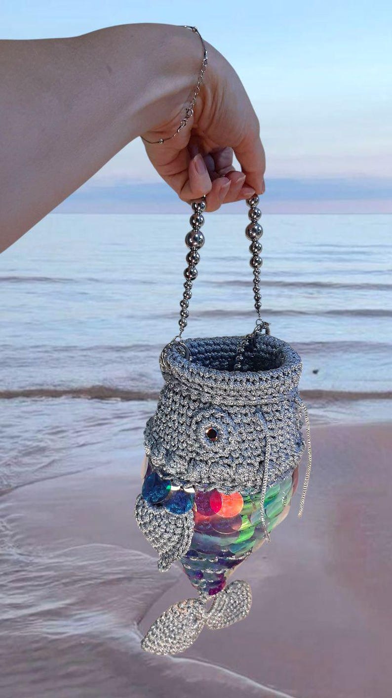 Luxurious Small Crochet Silver Fish Bag, With Bright Colorful ...