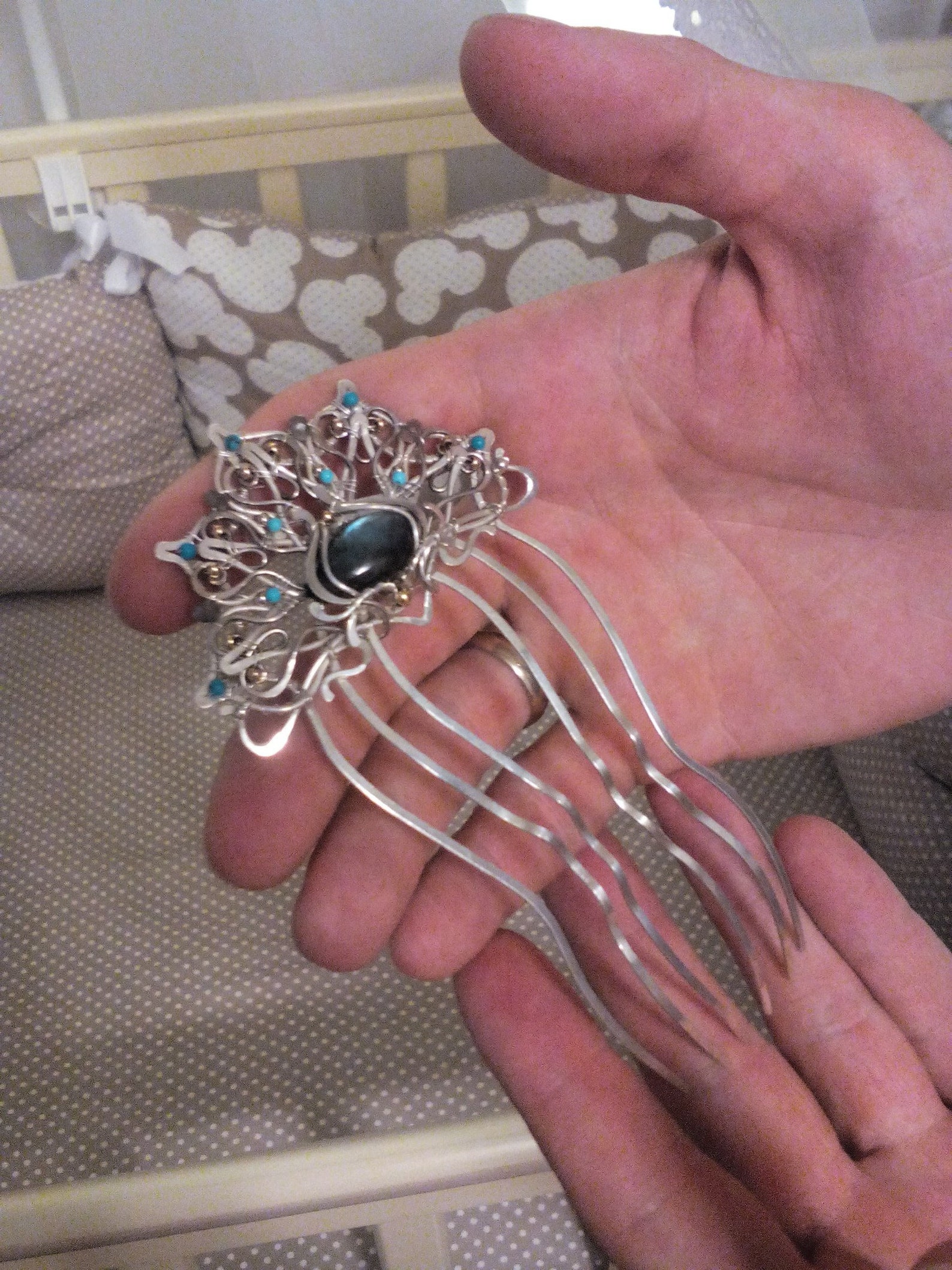 Wedding Silver Hair Comb: Wire Wrap, Labradorite, Turquoise, Gold Beads ...