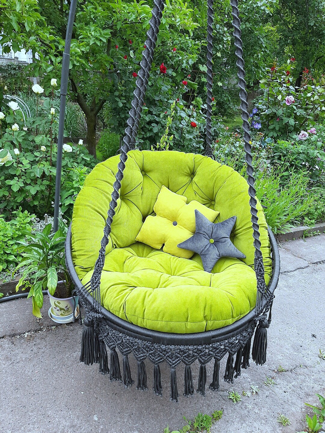 Hanging Macrame Chair Swing, Handmade, With Cushions, Macrame Hammock ...