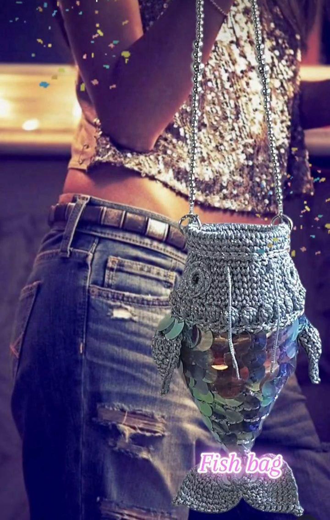 Luxurious Small Crochet Silver Fish Bag, With Bright Colorful ...