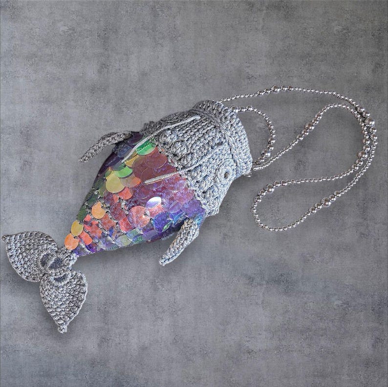 Luxurious Small Crochet Silver Fish Bag, With Bright Colorful ...