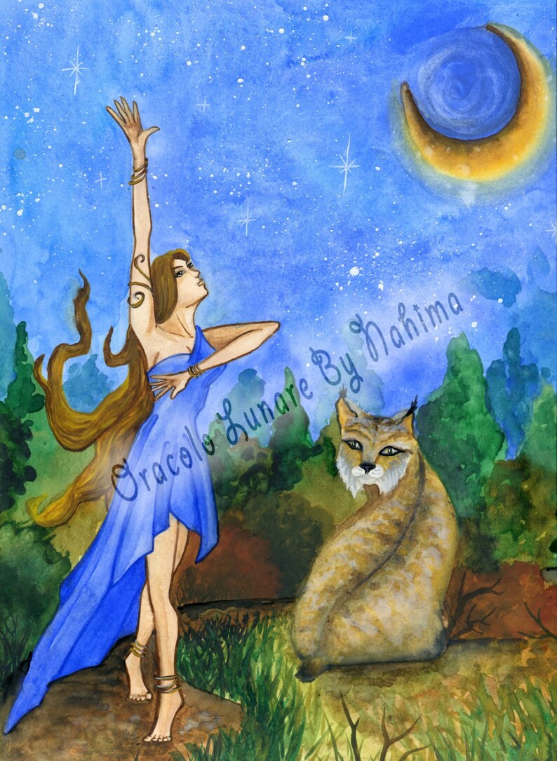 Woman Dancing at the Moon Lynx in the Night Wood Original | Etsy