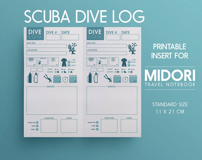 SCUBA DIVING Diver's Log Printable for Midori TN Insert, Midori Insert ...