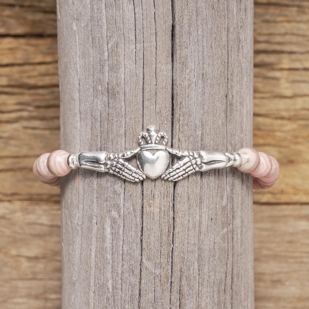 Claddagh Skeleton Hands Bead Bracelet: Amazonite, Agate & Tiger's Eye ...