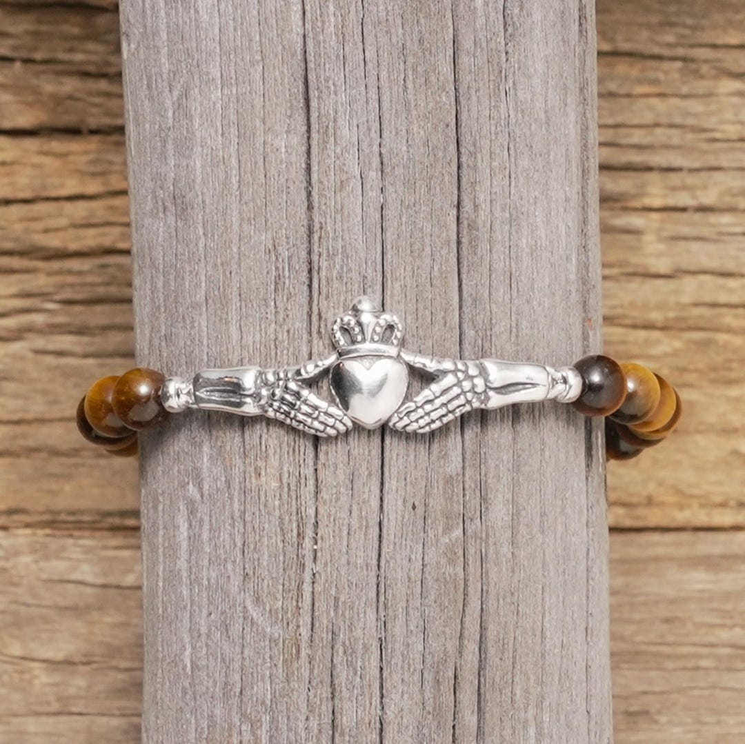 Claddagh Skeleton Hands Bead Bracelet: Tiger's Eye & Amazonite - Etsy