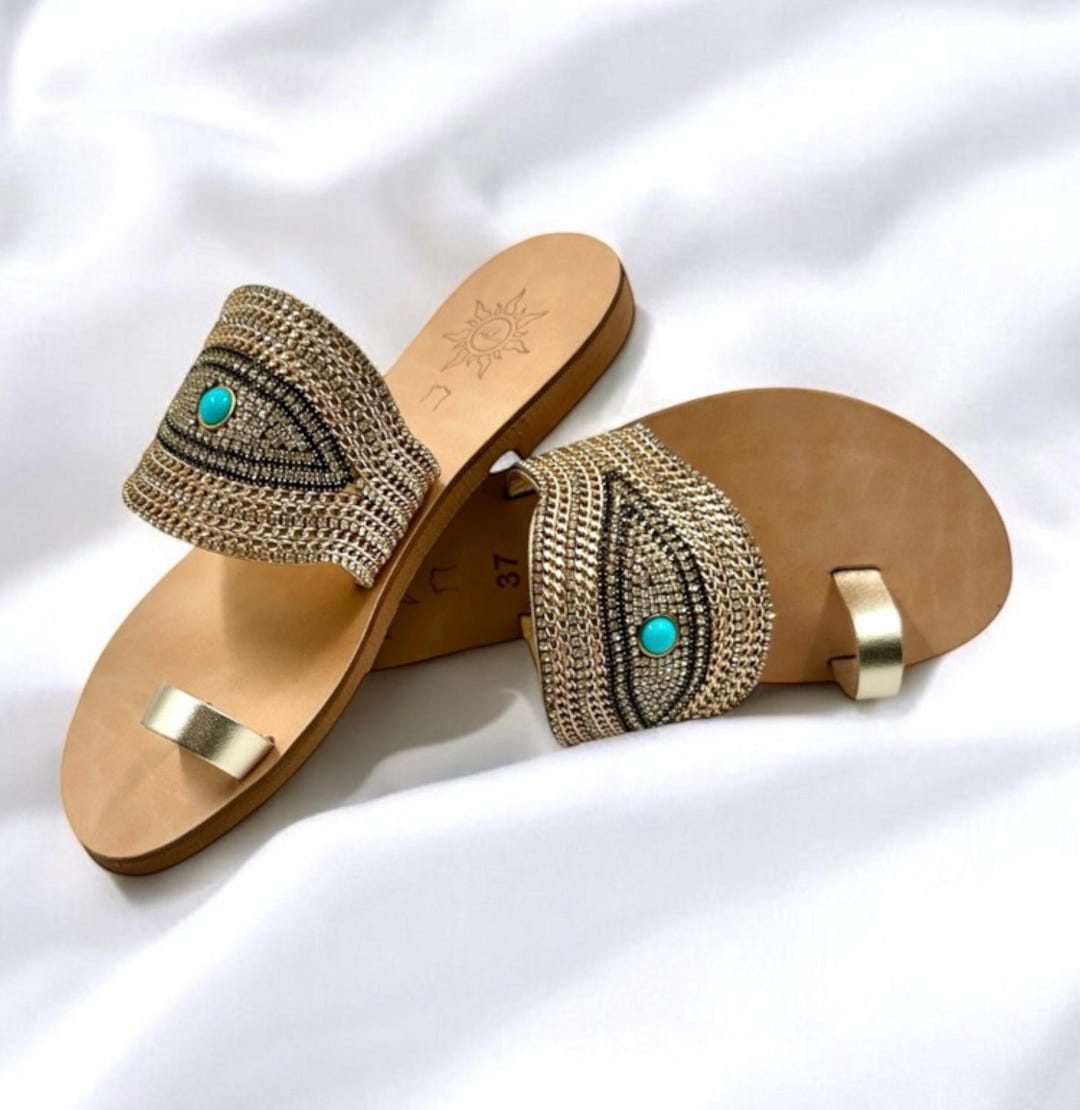 Embellished Toe Ring Sandals, Evil Eye Sandals, Leather Sandals Women ...