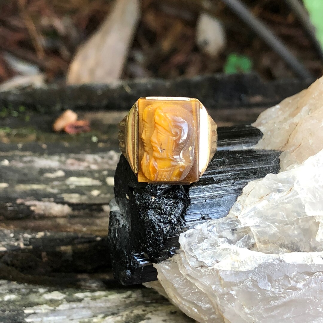 Vintage 10k Art Deco Carved Tiger's Eye Double Face Ring Sz. 7 1/4 - Etsy