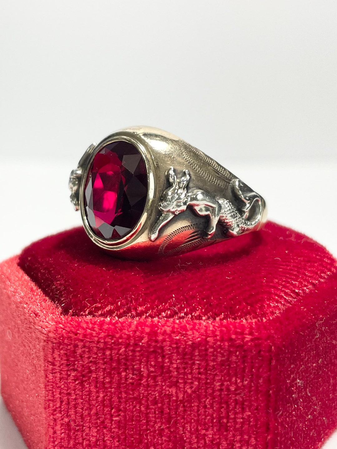 RESERVED Created Ruby Mermaid Ring-two Tone 14k Gold Art Deco Era Oval ...