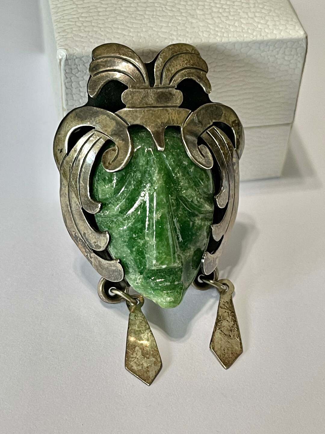Carved Mayan Warrior Taxco Mexico Green Onyx Aztec Maya Face Sterling ...