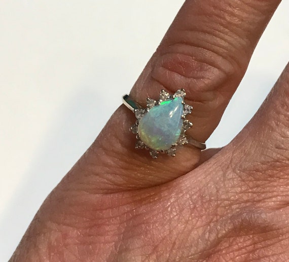 Genuine Opal Diamond Ring-14K White Gold- 2 ct Pear C… - Gem