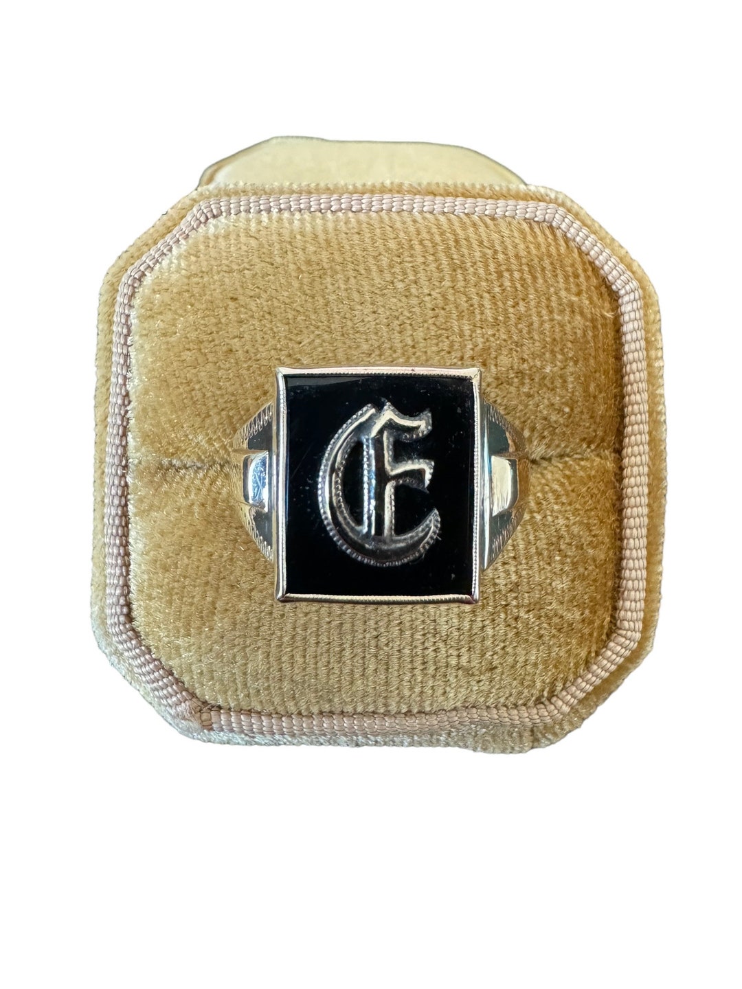 Letter E Signet Ring - Vintage 10k Gold & Onyx Old English “E” Monogram ...