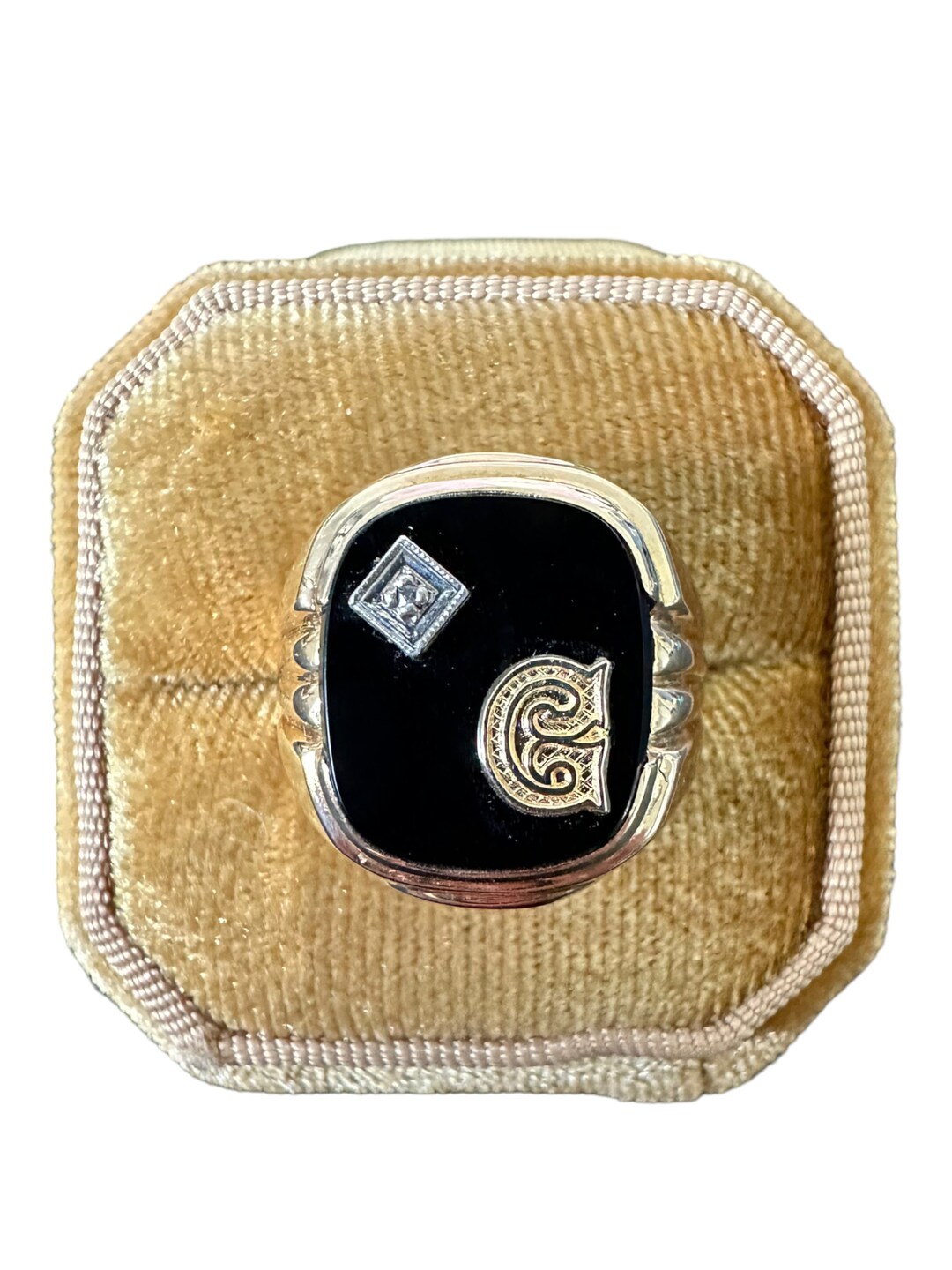 Letter C Signet Ring-10k Gold - Retro Era- Genuine Onyx & Diamond ...