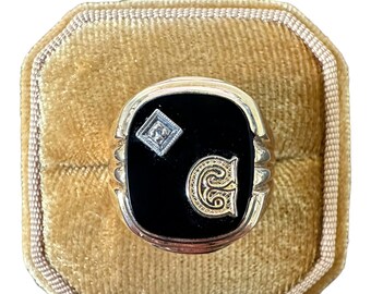 Black Onyx Diamond Signet Ring-vintage 10k Gold - Retro Era ...