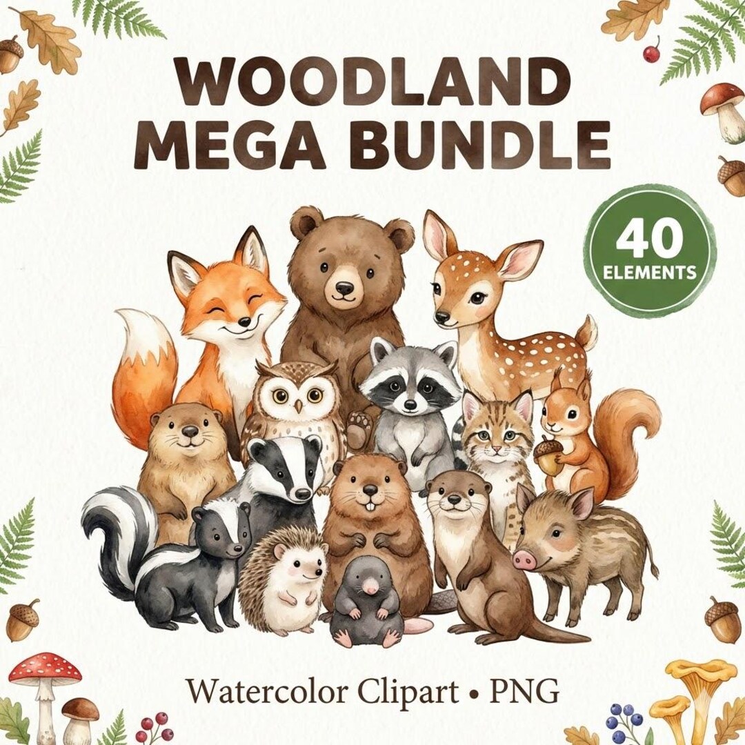Watercolor Woodland Animals Clipart Mega Bundle, Forest Nursery Decor ...