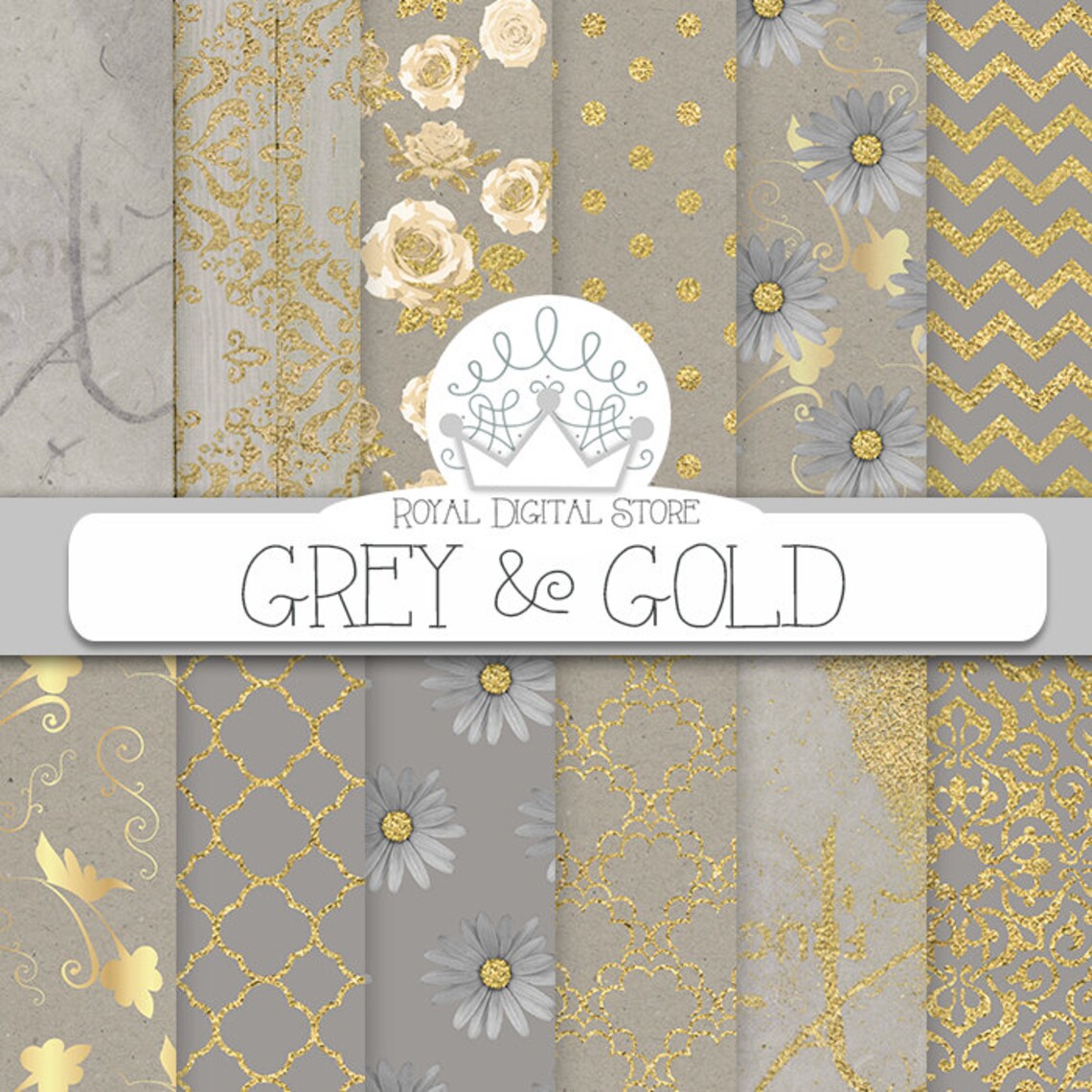 Gray digital paper: GRAY & GOLD with gray and gold | Etsy