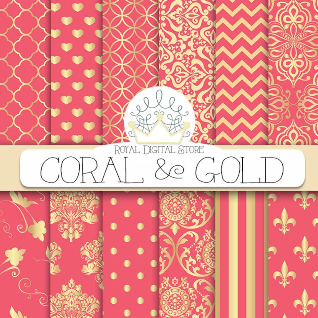 Coral Digital Paper: coral AND Gold With Coral - Etsy
