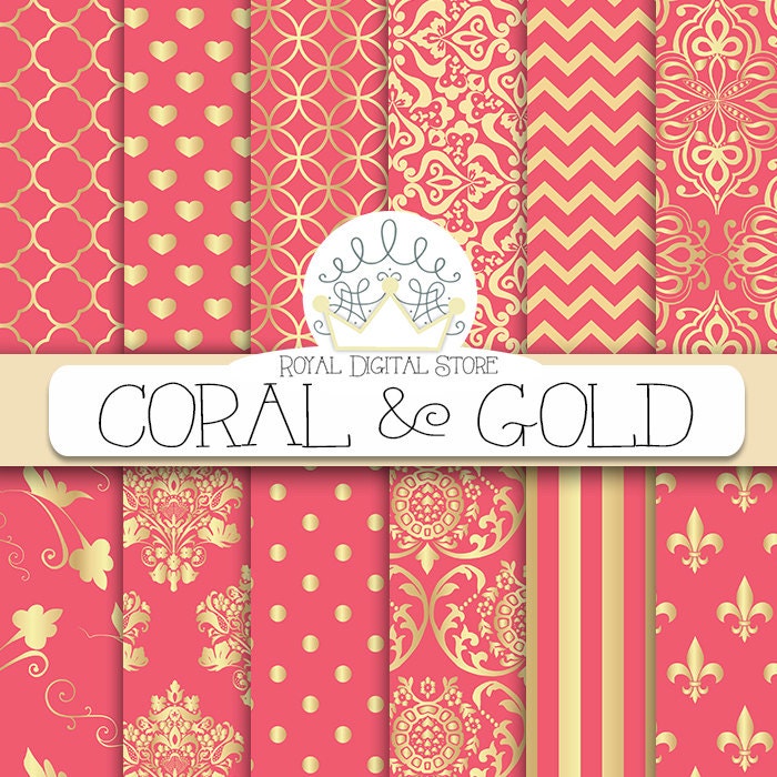 Coral Digital Paper: coral AND Gold With Coral - Etsy