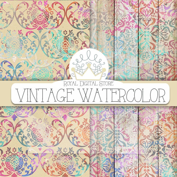 Watercolor Digital Paper: vintage Watercolor With Watercolor Damask ...