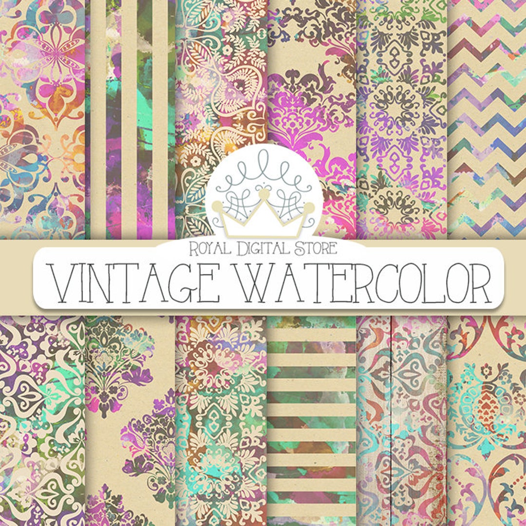 Watercolor Digital Paper: vintage Watercolor With Watercolor Damask ...