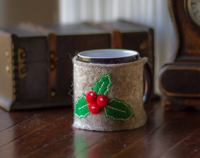 Felt Cup Holder, Wool Cup Cozy, Holly, Mug Warmer, Feltet Cup Sleeve ...