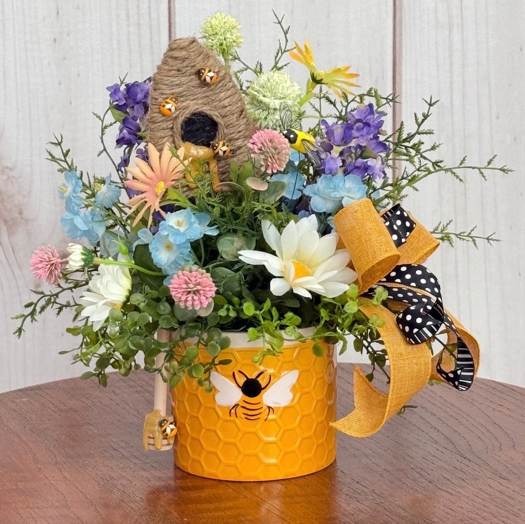 Bee Centerpiece: Summer Floral Arrangement in Ceramic Beehive Mug - Etsy