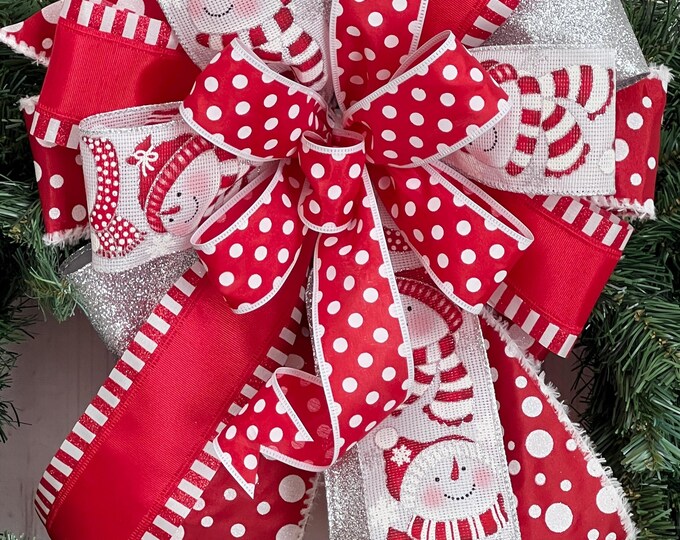 Snowman Outdoor Christmas Lantern Swag Bow, Red and White Snowman Bow ...