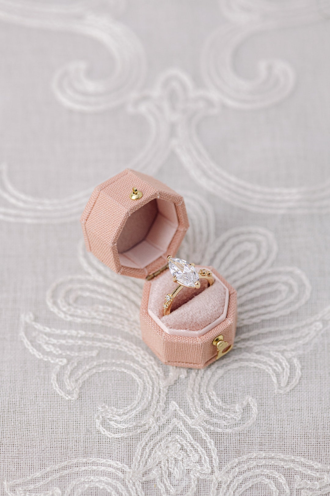 Dusty Pink/peach Linen Hexagon Ring Box Gold Clasp, Antique Ring Box ...