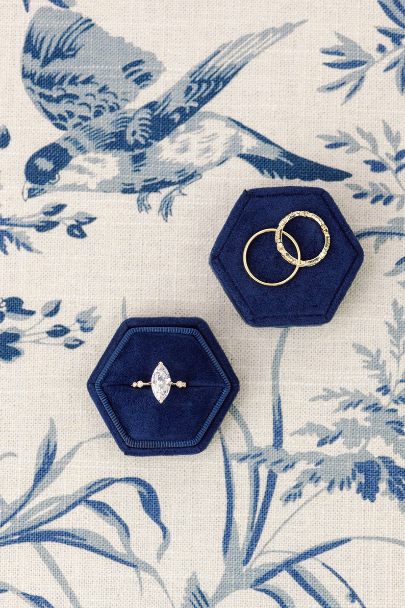 Navy Blue Hexagon Wedding Ring Box, Blue Suede Hexagon Ring Box, Suede ...