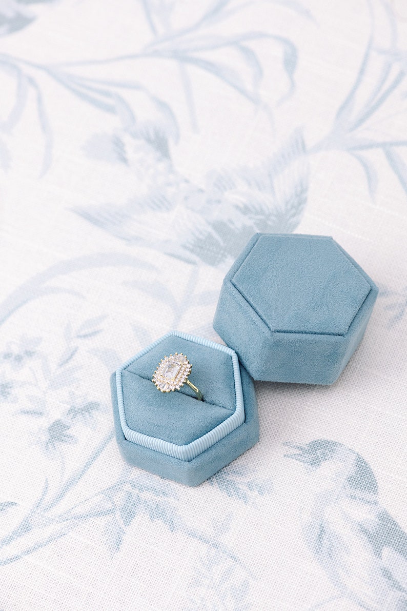 Light Blue Hexagon Wedding Ring Box, Blue Suede Hexagon Ring Box, Suede ...