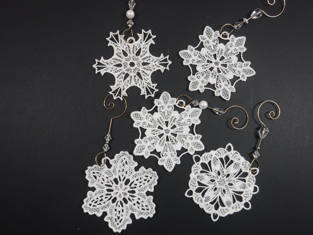 Machine Embroidered Lace Christmas Tree Ornaments Set of 5 White Snow ...