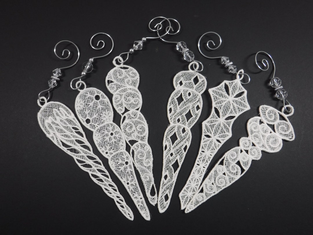 Machine Embroidered Lace Christmas Tree Ornaments Set of 6 White ...