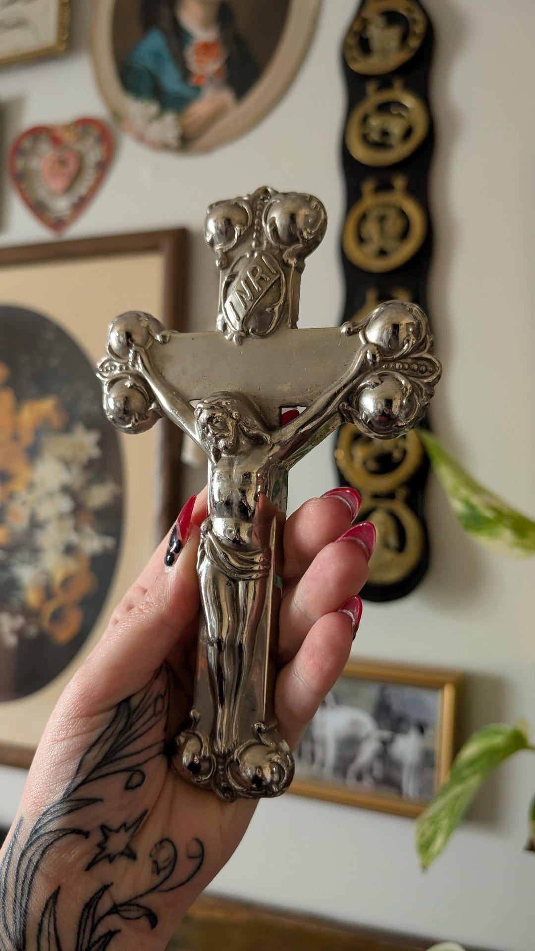 Antique Metal Crucifix Vintage Religious Novelty Oddities Ornate Silver ...