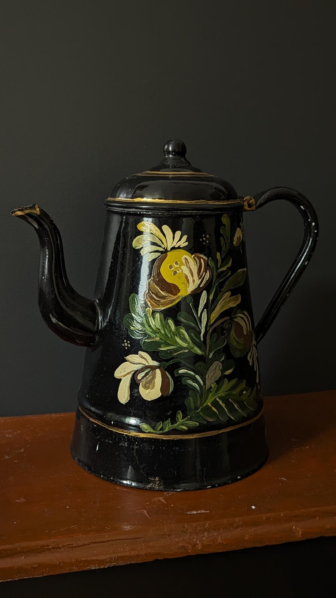 Antique Tin Kettle Coffee Pot Enamel Teapot Hand Painted Folk Art Black ...