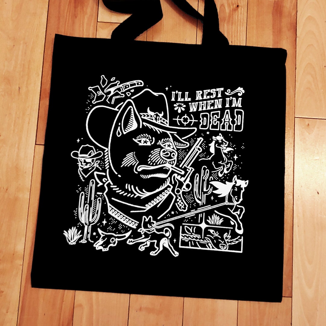 Cowboy Shiba Inu Handmade Screen Printed Tote Bag - Black Heavy Canvas ...