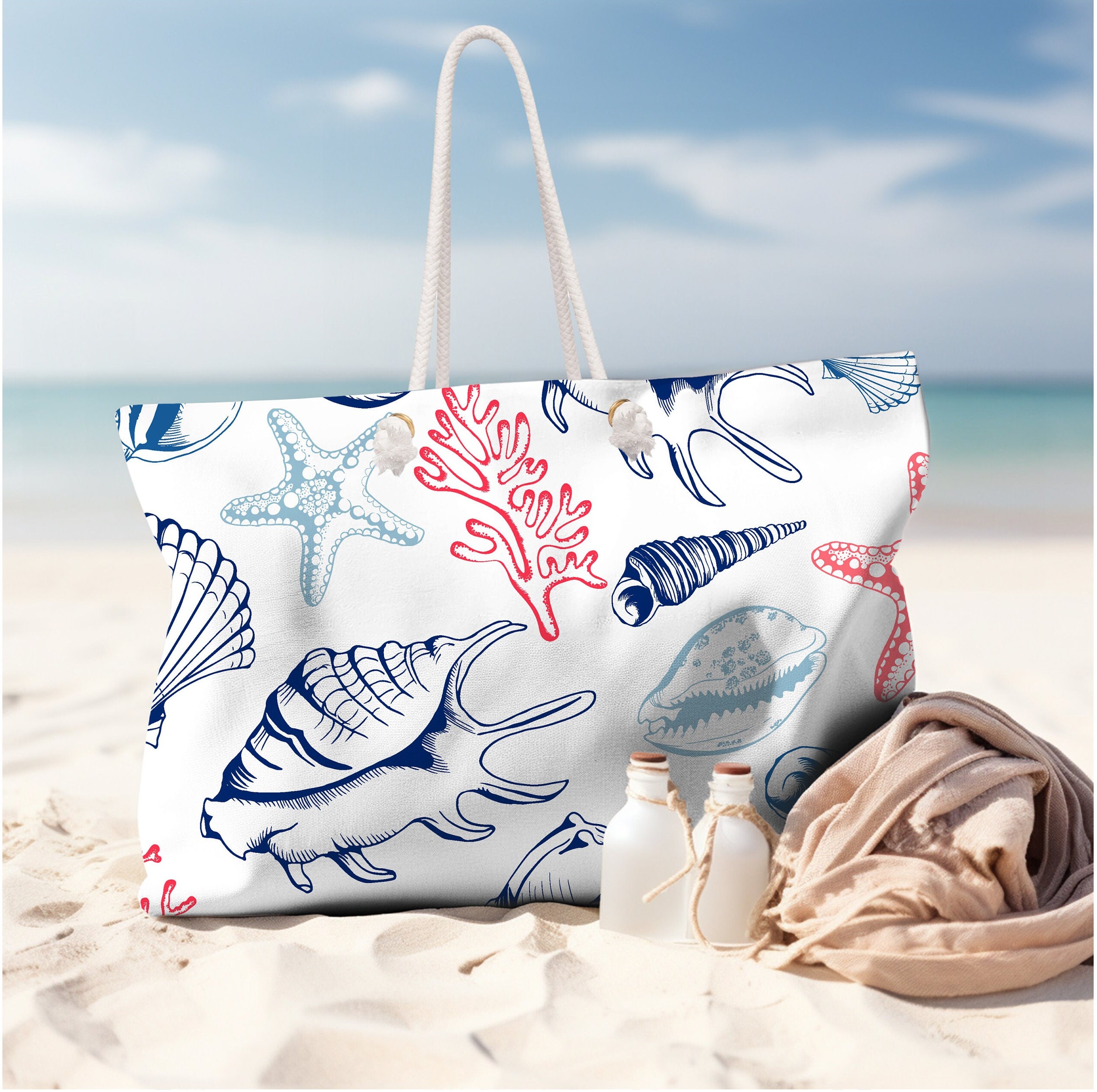 Shell & Sea Star Beach Tote: Coastal Style Bag, Vibrant Ocean Pattern ...
