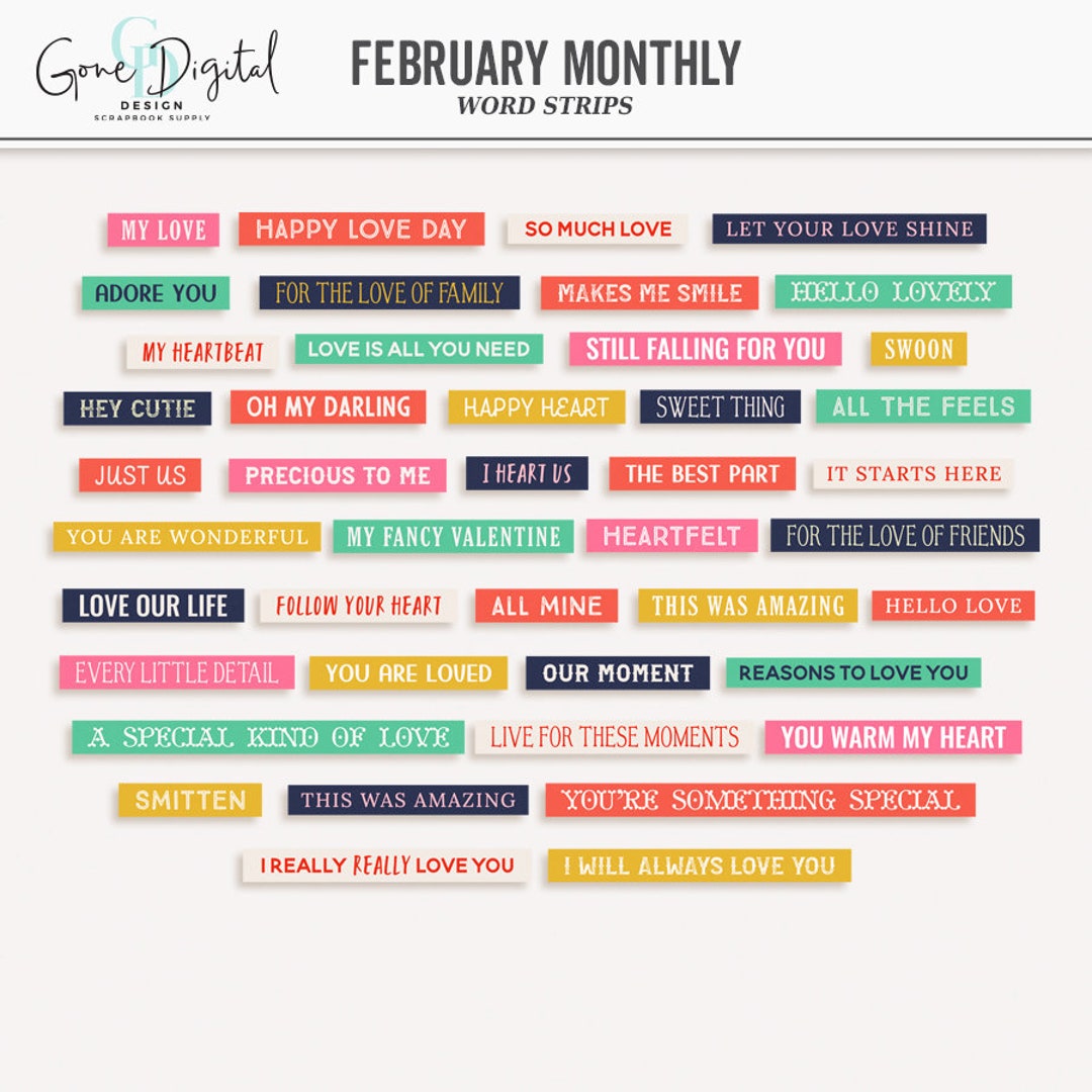 February Word Art Digital Scrapbook Elements Valentine Clipart Sayings ...