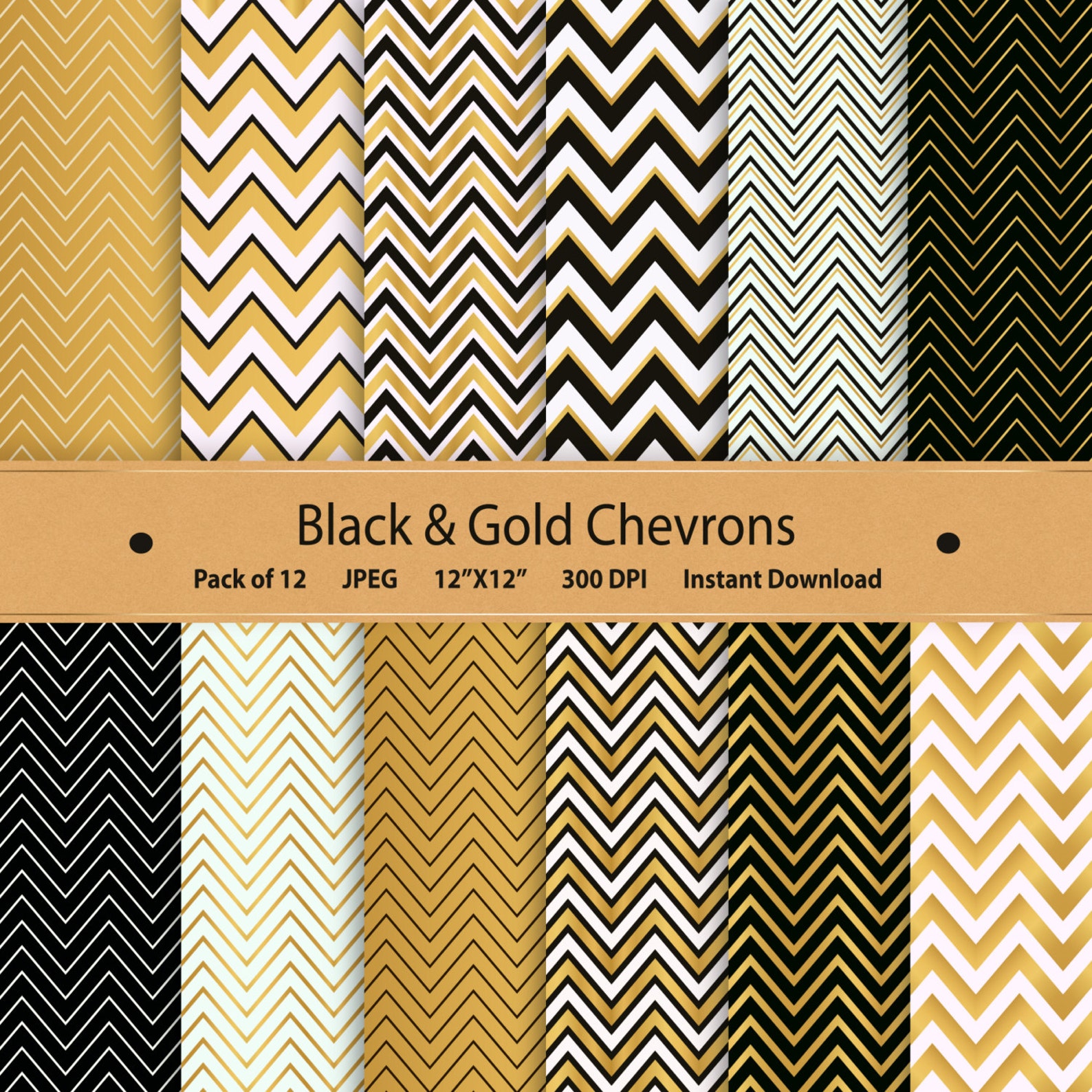 Digital Paper Black and Gold Chevrons Chevron Pattern Zigzag ...