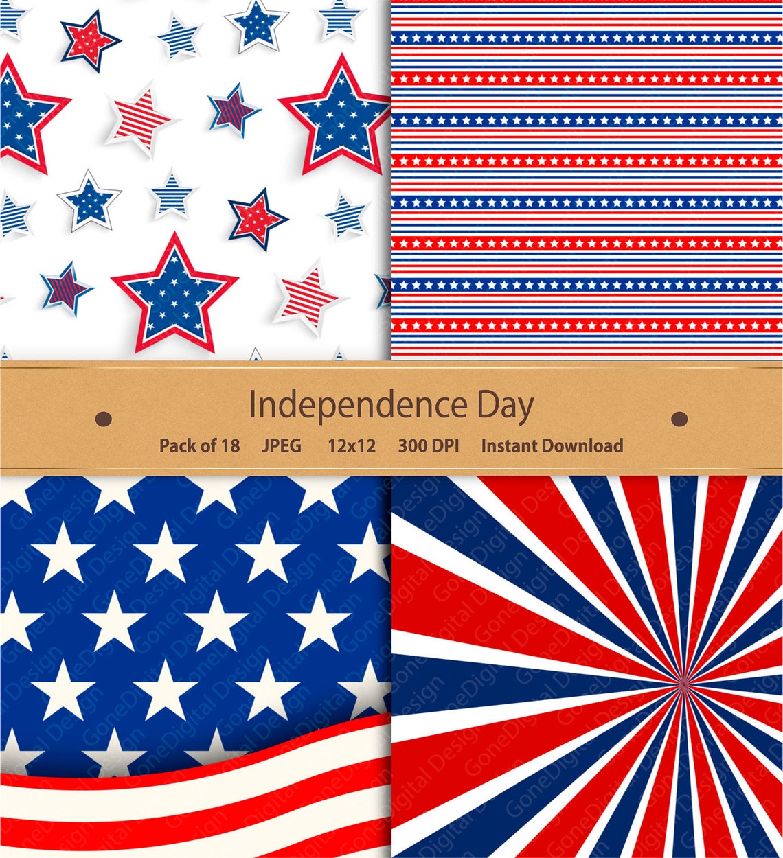 Independence Day Digital Paper: Patriotic America Fourth of July Stars ...