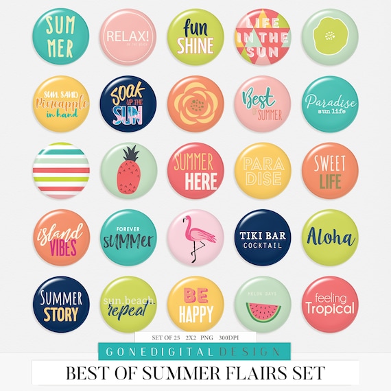 Digital Summer Flairs Badge Digital Pins Printable Summer Button ...