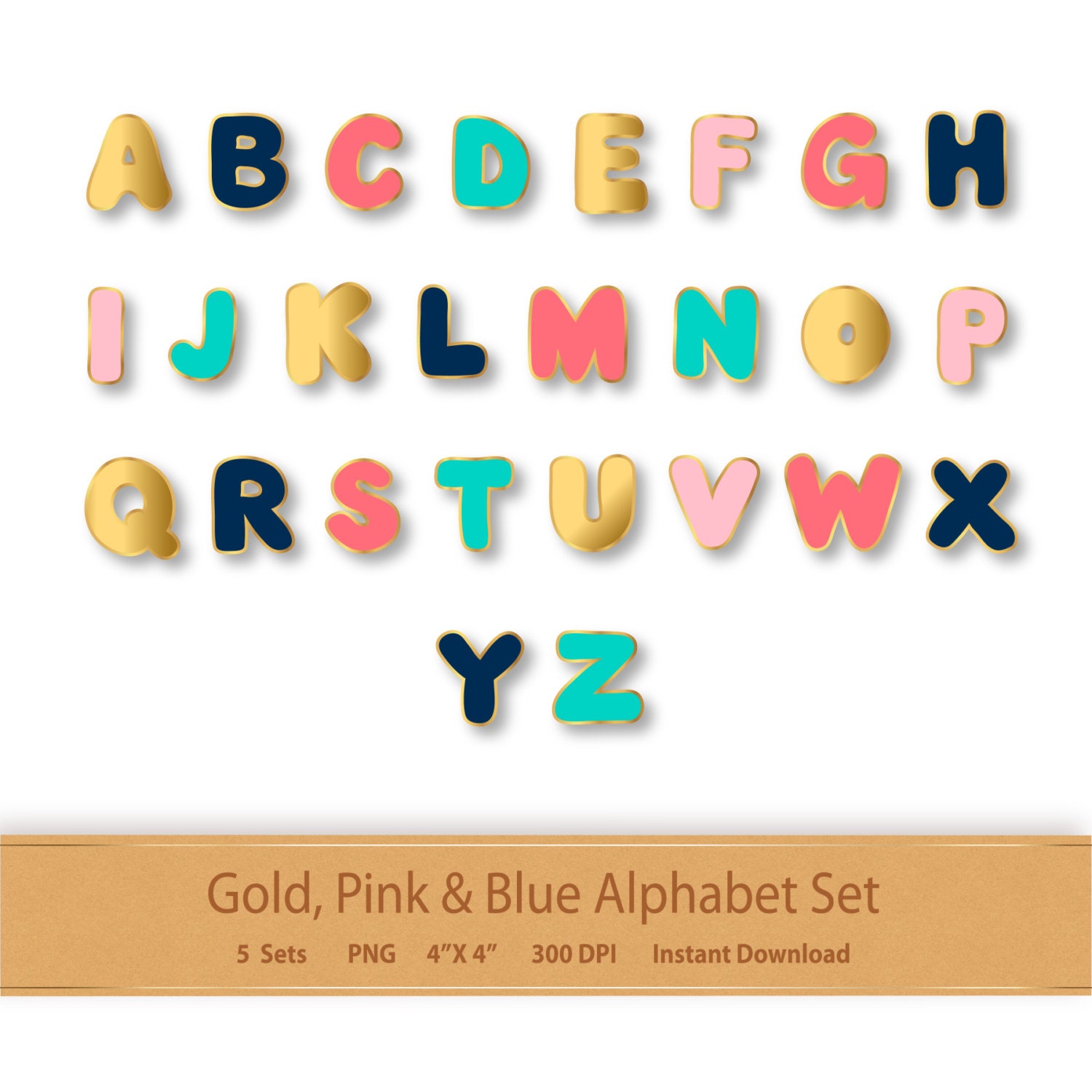Gold Pink and Blue Alphabet Letters Gold Alphabet Clipart Letter ...
