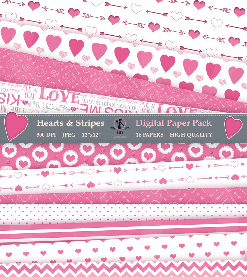 Pink Digital Paper Pack Valentine Digital Scrapbooking Paper Hearts ...