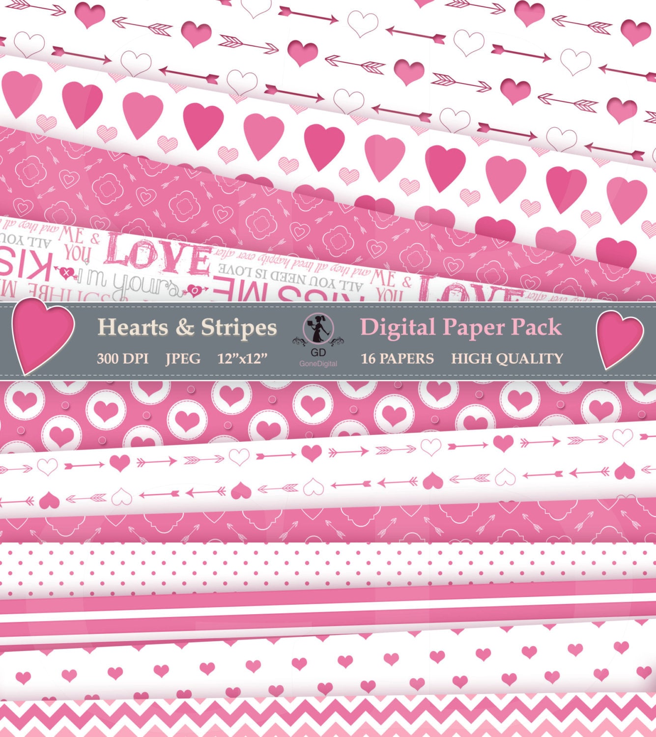 Pink Digital Paper Pack Valentine Digital Scrapbooking Paper Hearts ...