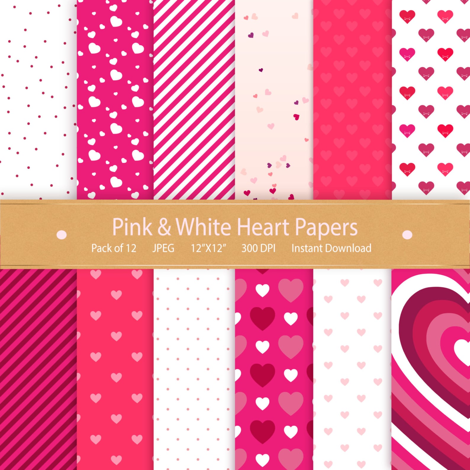 Digital Paper Pink & White Hearts Valentines Day Digital Paper Pack ...