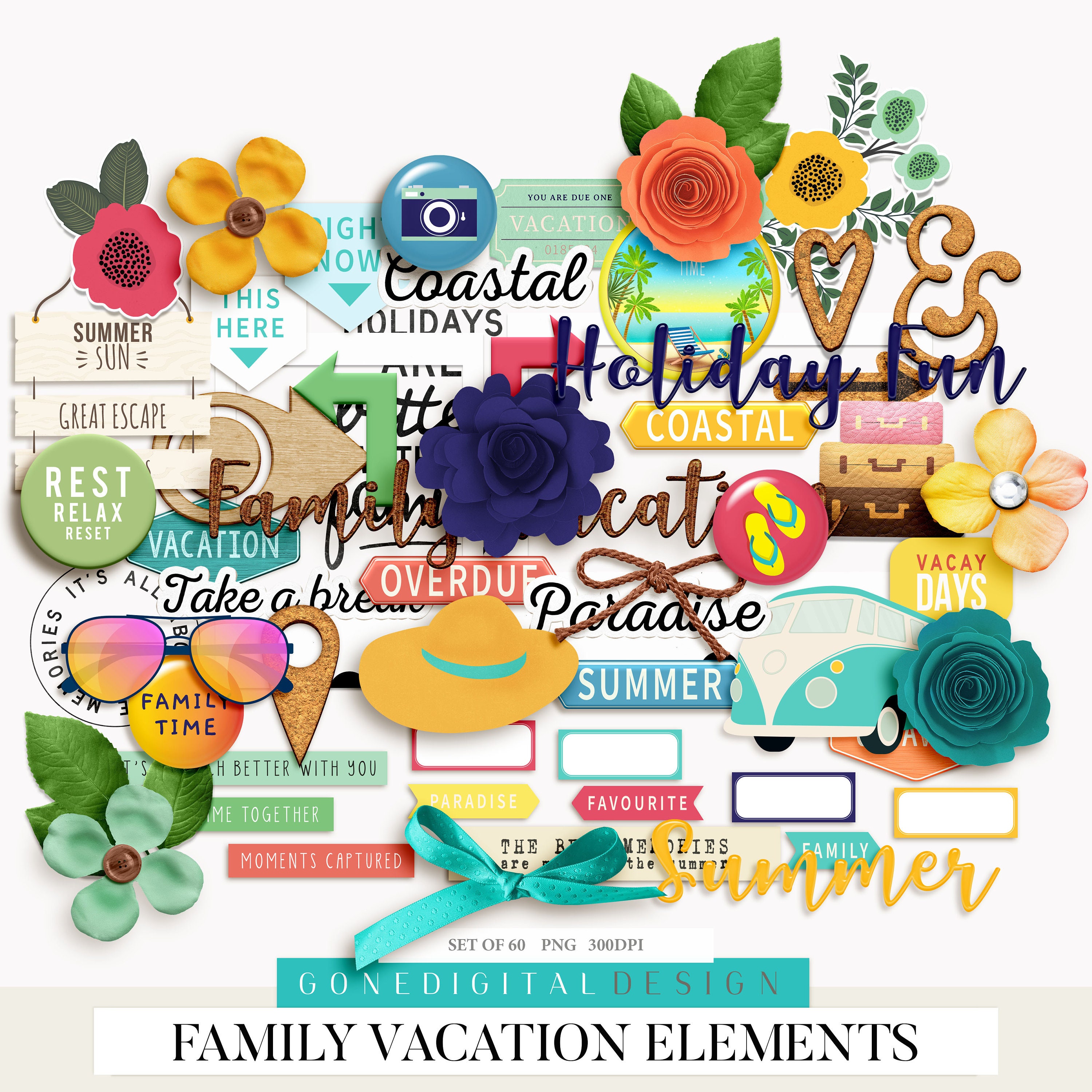 Digital Elements Family Vacation PNG Beach Elements Summer Holiday ...