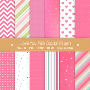 Digital Paper I Love You Pink Digital Paper Pack Valentines Digital ...