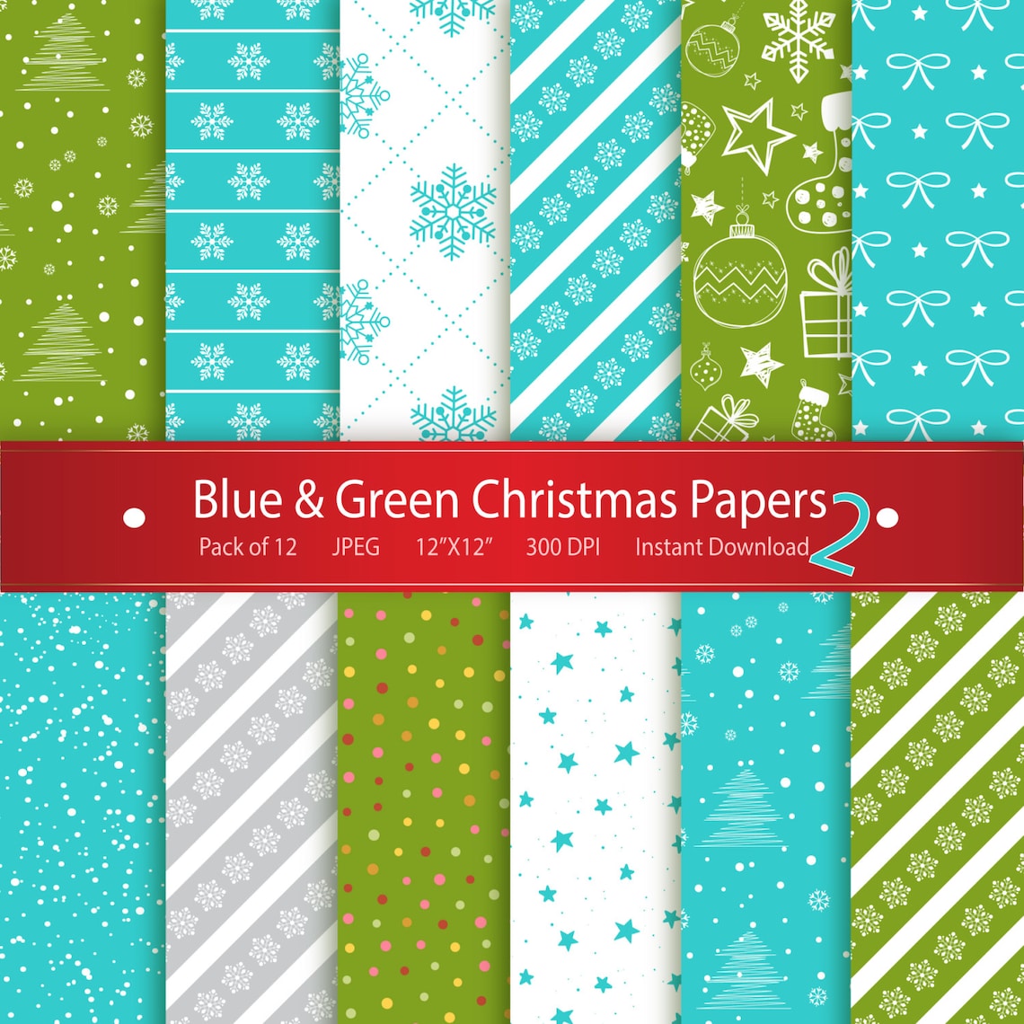 Blue & Green Christmas Digital Paper: Holiday Scrapbooking (digital ...